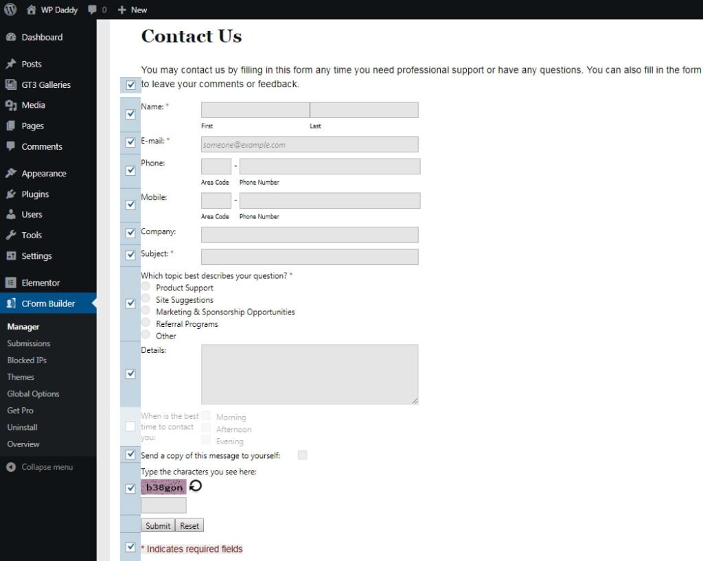 contact form builder sample form – WP Daddy